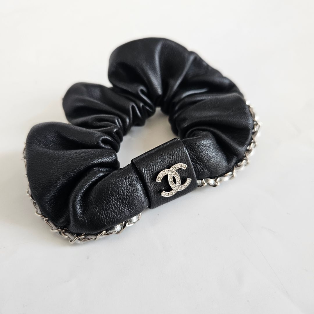 Chanel black Scrunchie with leather chain woven detail, - BOPF ...