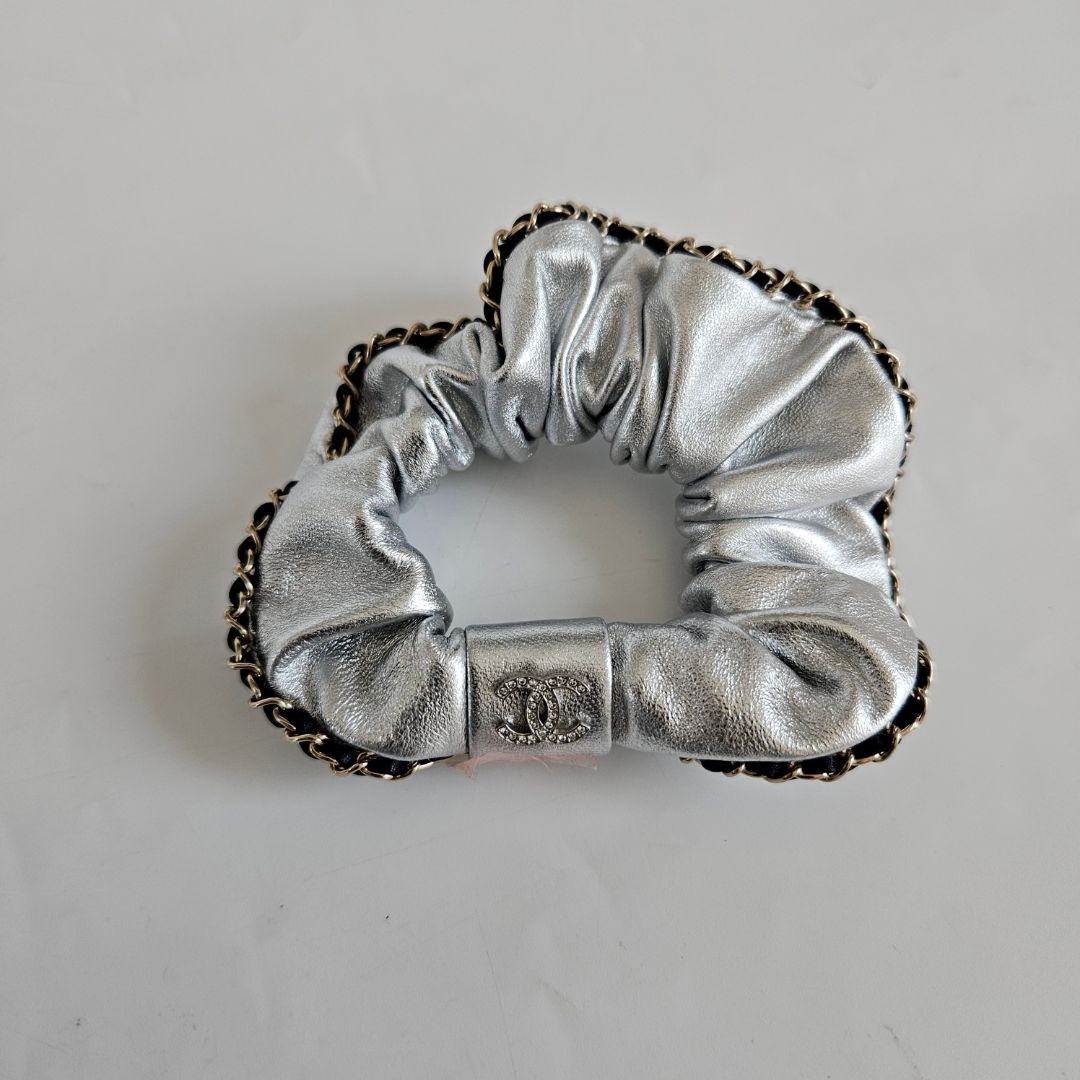 Chanel Silver Scrunchie with leather chain woven detail - BOPF ...